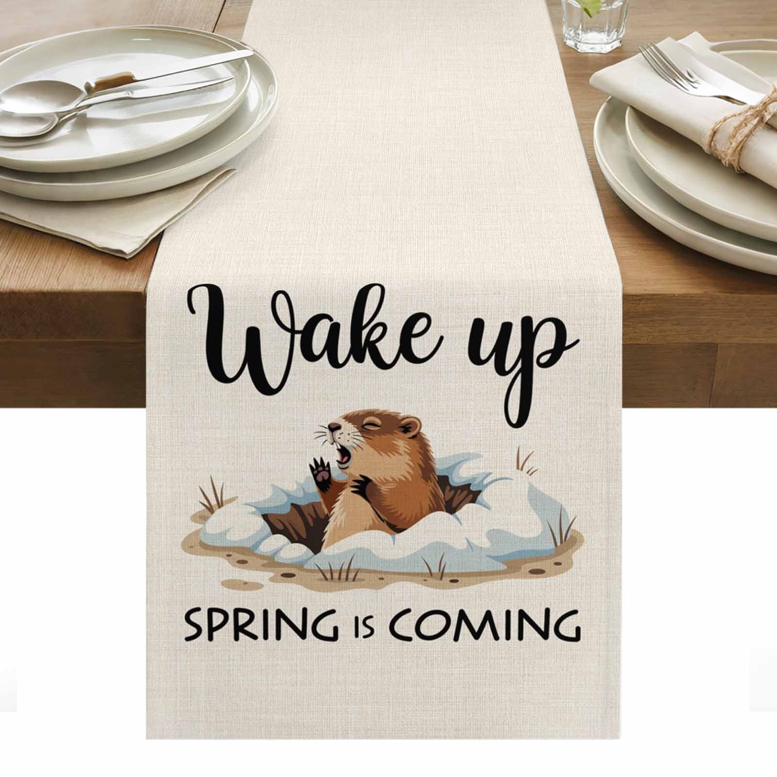 Cartoon Groundhog Table Runner Wake Up Spring Is Coming Linen Texture ...