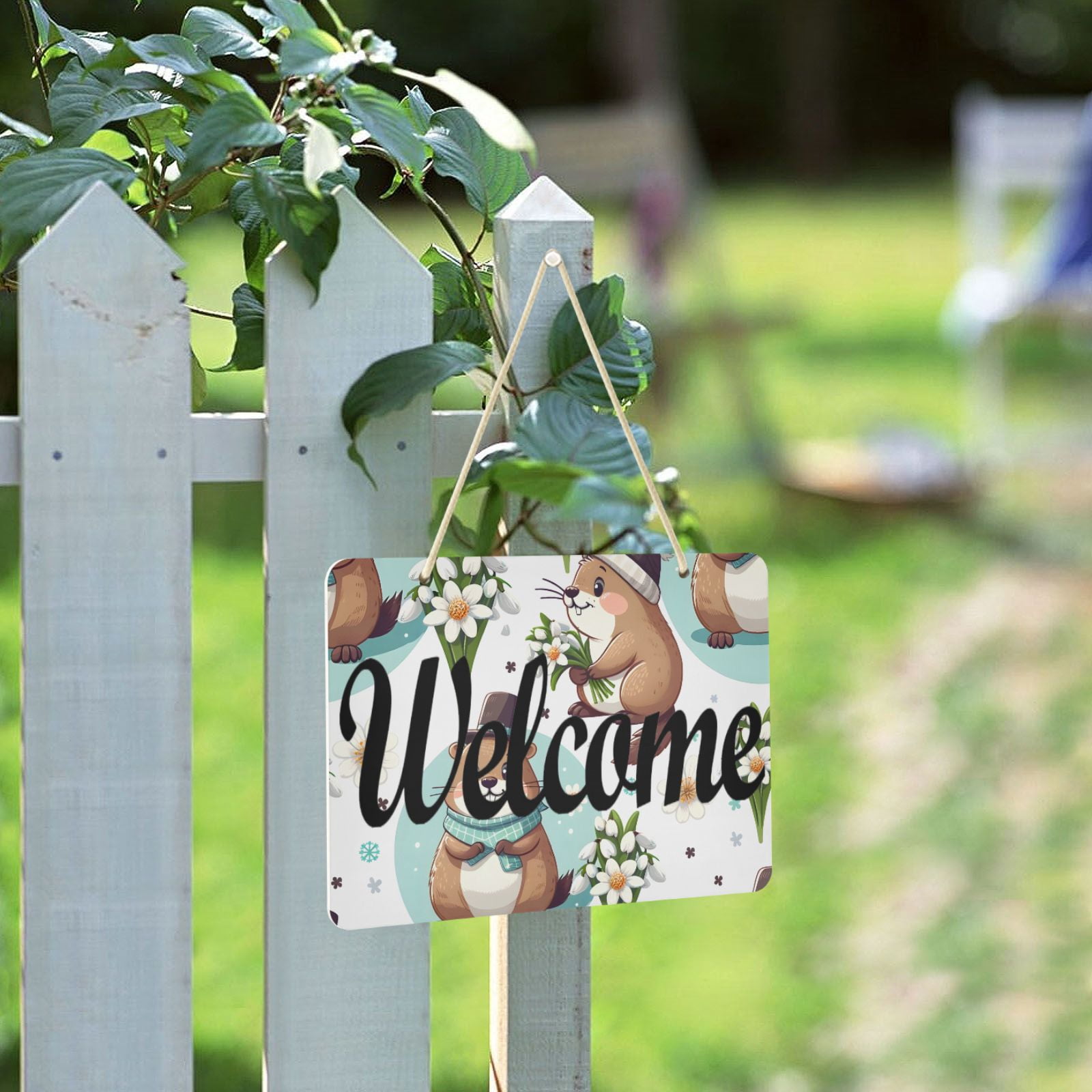 Cartoon Groundhogs Flowers Welcome Sign for Front Door Porch Wreath ...