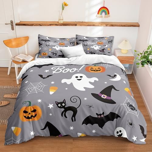 Cartoon Halloween Bedding Set Queen Size Grey Duvet Cover Set White ...
