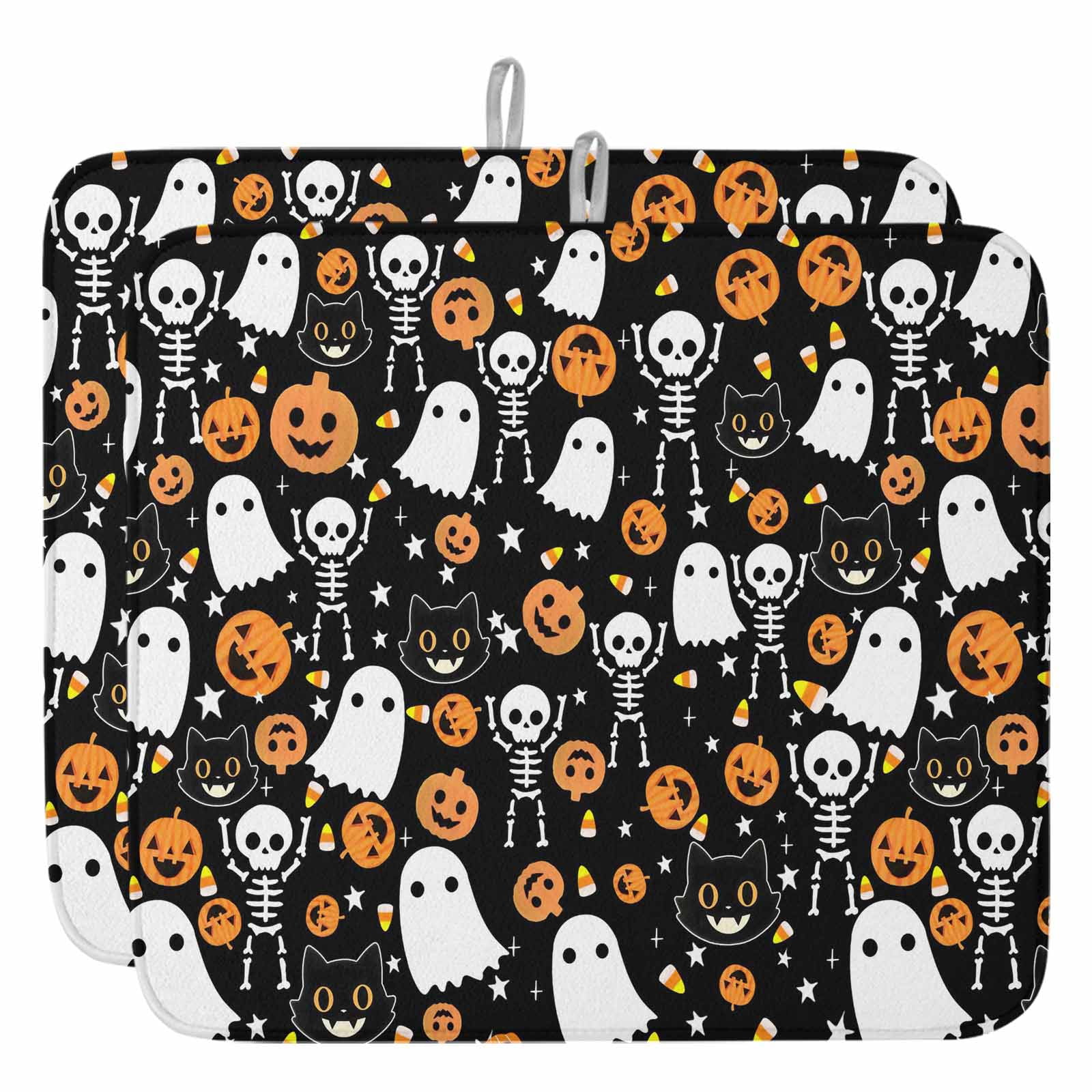 Cartoon Halloween Dish Drying Mat, White Ghosts Skull Orange Pumpkin ...