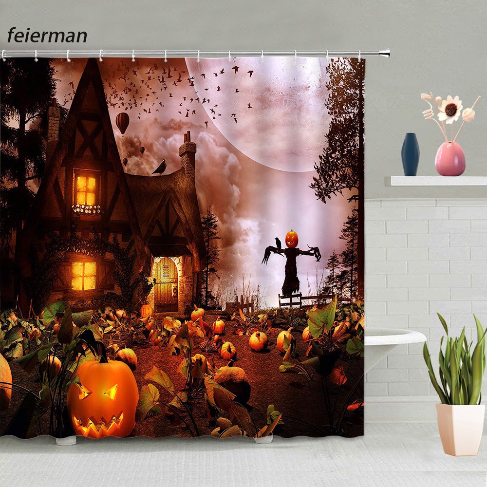Cartoon Halloween Shower Curtain Set Castle Crow Pumpkin Lantern Black