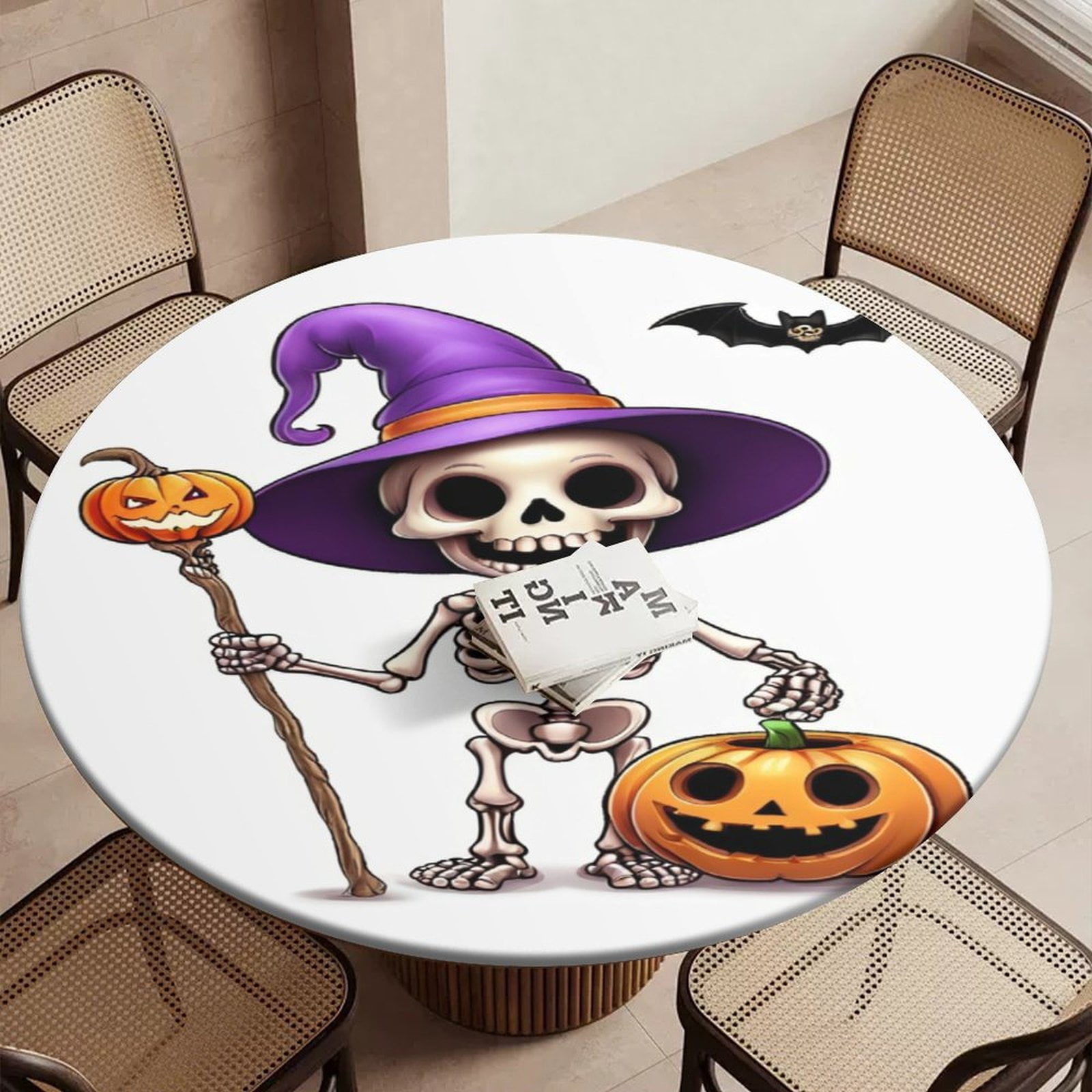Cartoon Halloween Skeleton with Pumpkin, Bat Round Table Cover Kitchen ...