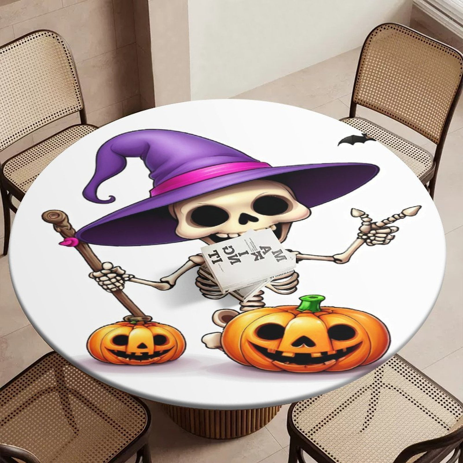Cartoon Halloween Skeleton with Pumpkin, Bat Round Table Cover Kitchen ...
