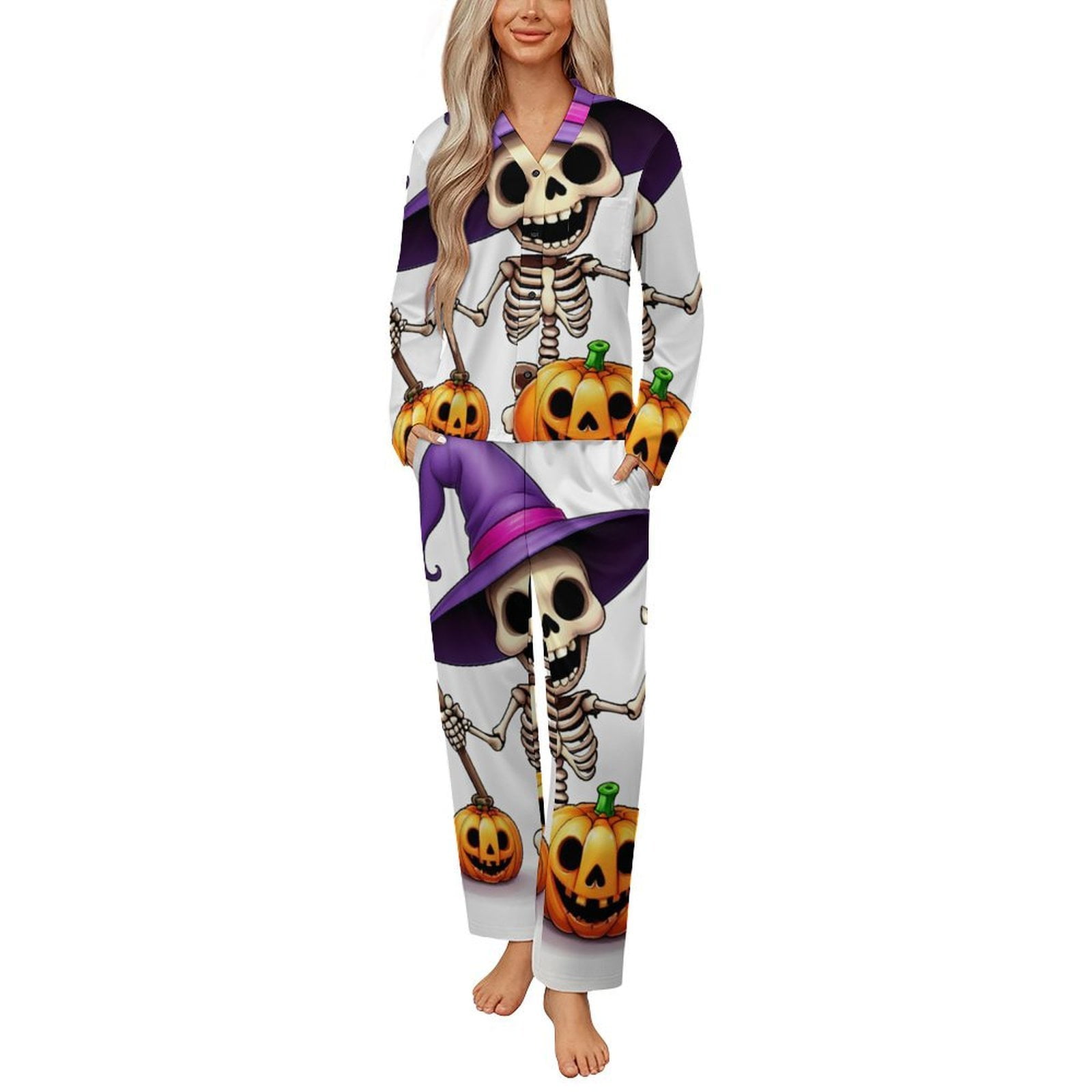 Cartoon Halloween Skeleton with Pumpkin, Bat Womens Pyjamas Set Button ...