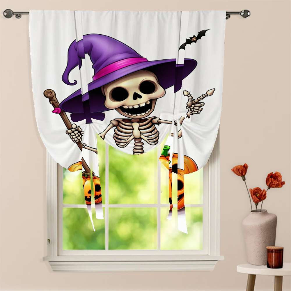 Cartoon Halloween Skeleton With Pumpkin, Bat Window Curtain for Living Room Roman Curtain ...