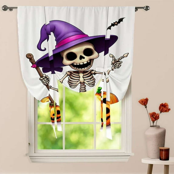 Cartoon Halloween Skeleton With Pumpkin, Bat Window Curtain for Living ...