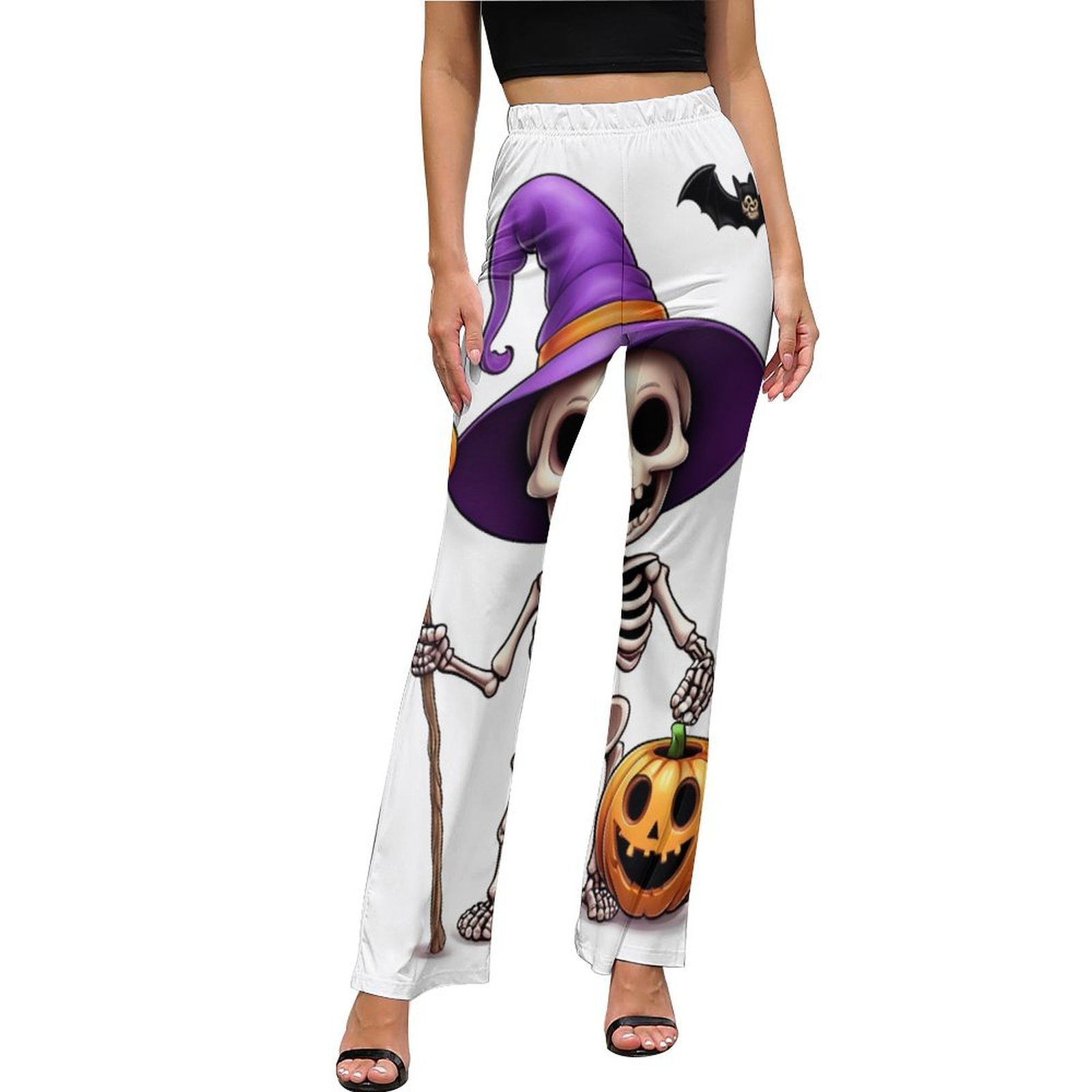 Cartoon Halloween Skeleton with Pumpkin, Bat High Waisted Casual Flared ...