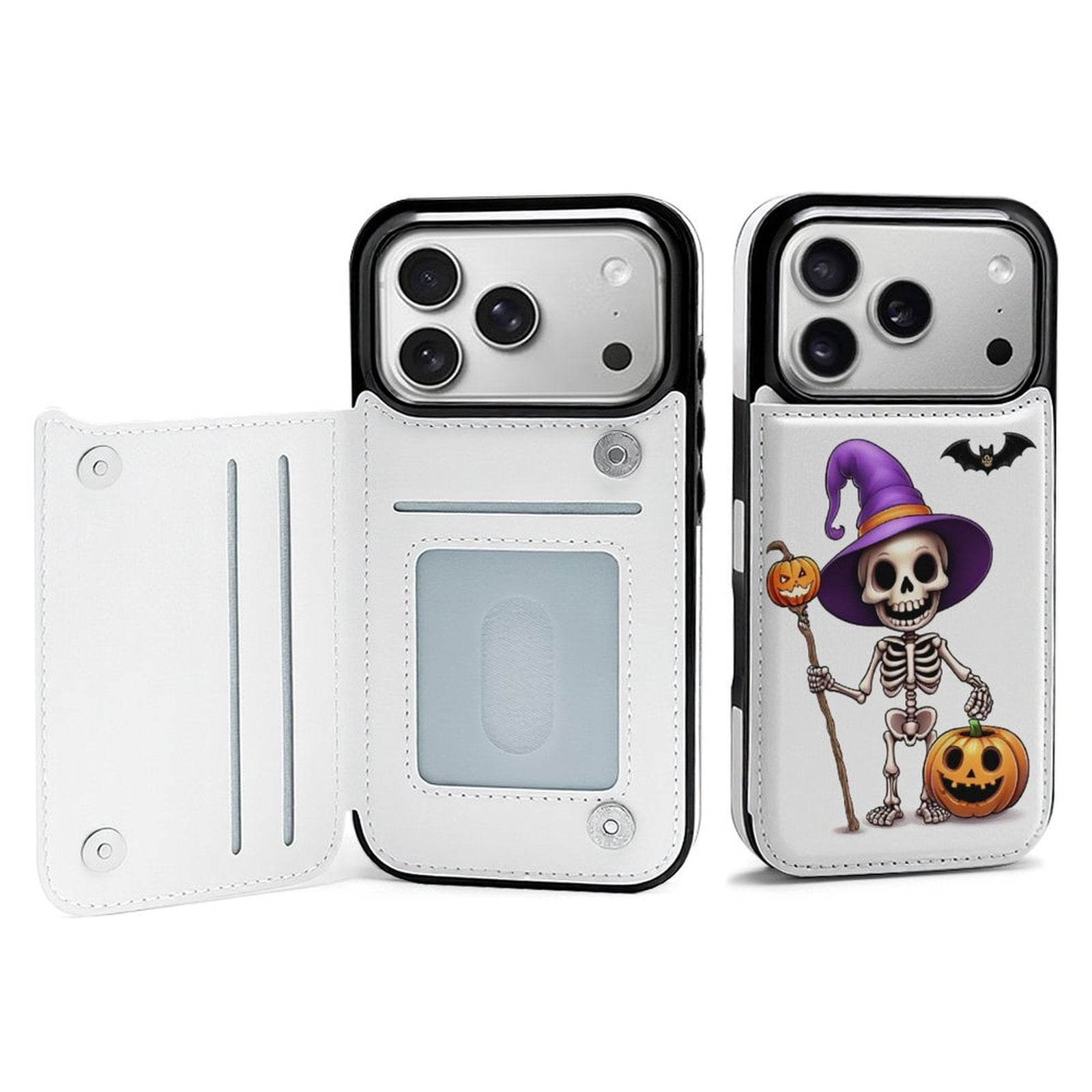 Cartoon Halloween Skeleton with Pumpkin, Bat Leather Wallet Case for ...