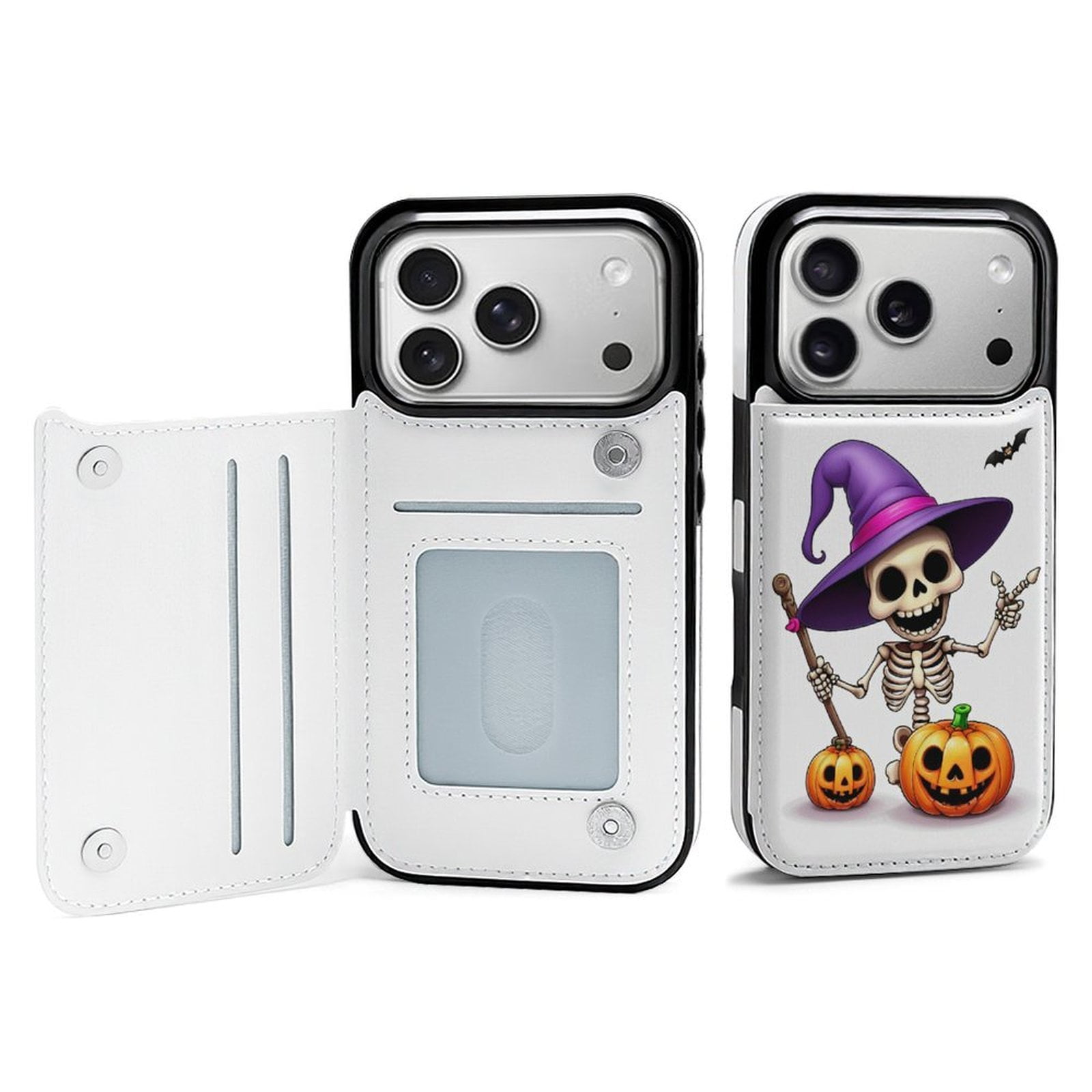 Cartoon Halloween Skeleton with Pumpkin, Bat Leather Wallet Case for ...