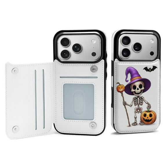 Cartoon Halloween Skeleton with Pumpkin, Bat Leather Wallet Case for ...