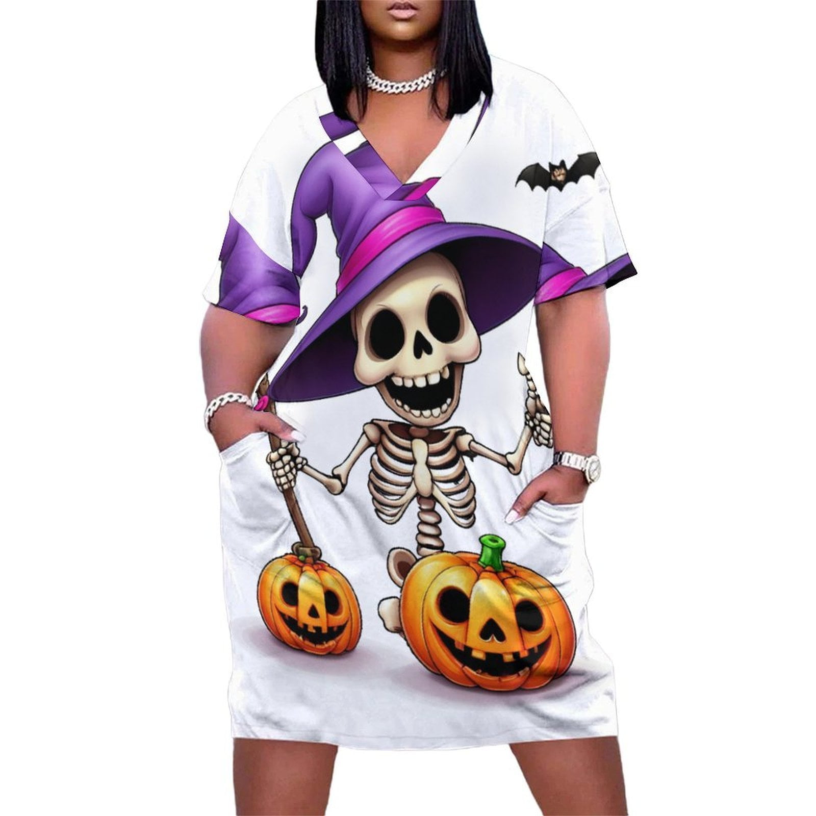 Cartoon Halloween Skeleton with Pumpkin, Bat Loose Pocket Dress Dresses ...