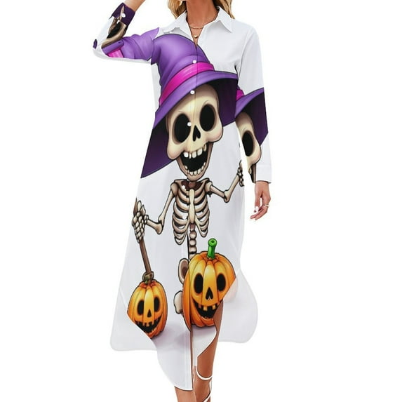Cartoon Halloween Skeleton with Pumpkin, Bat Shirt Dress Long Sleeve ...