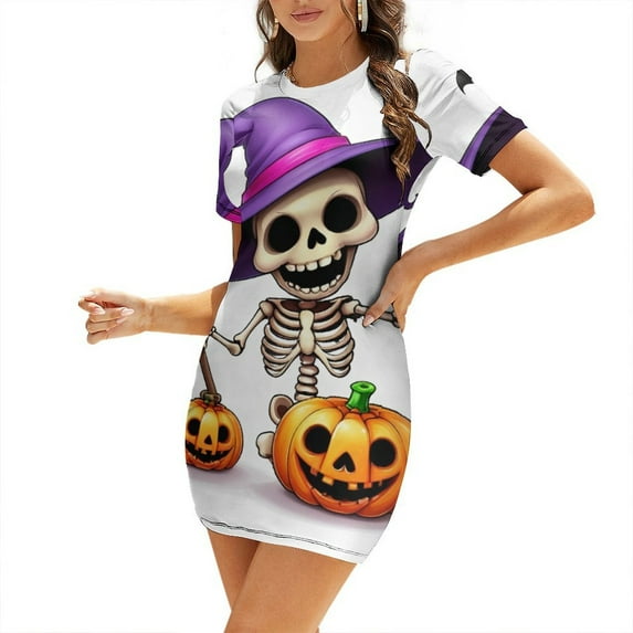 Cartoon Halloween Skeleton with Pumpkin, Bat Short Sleeve Dress Evening ...