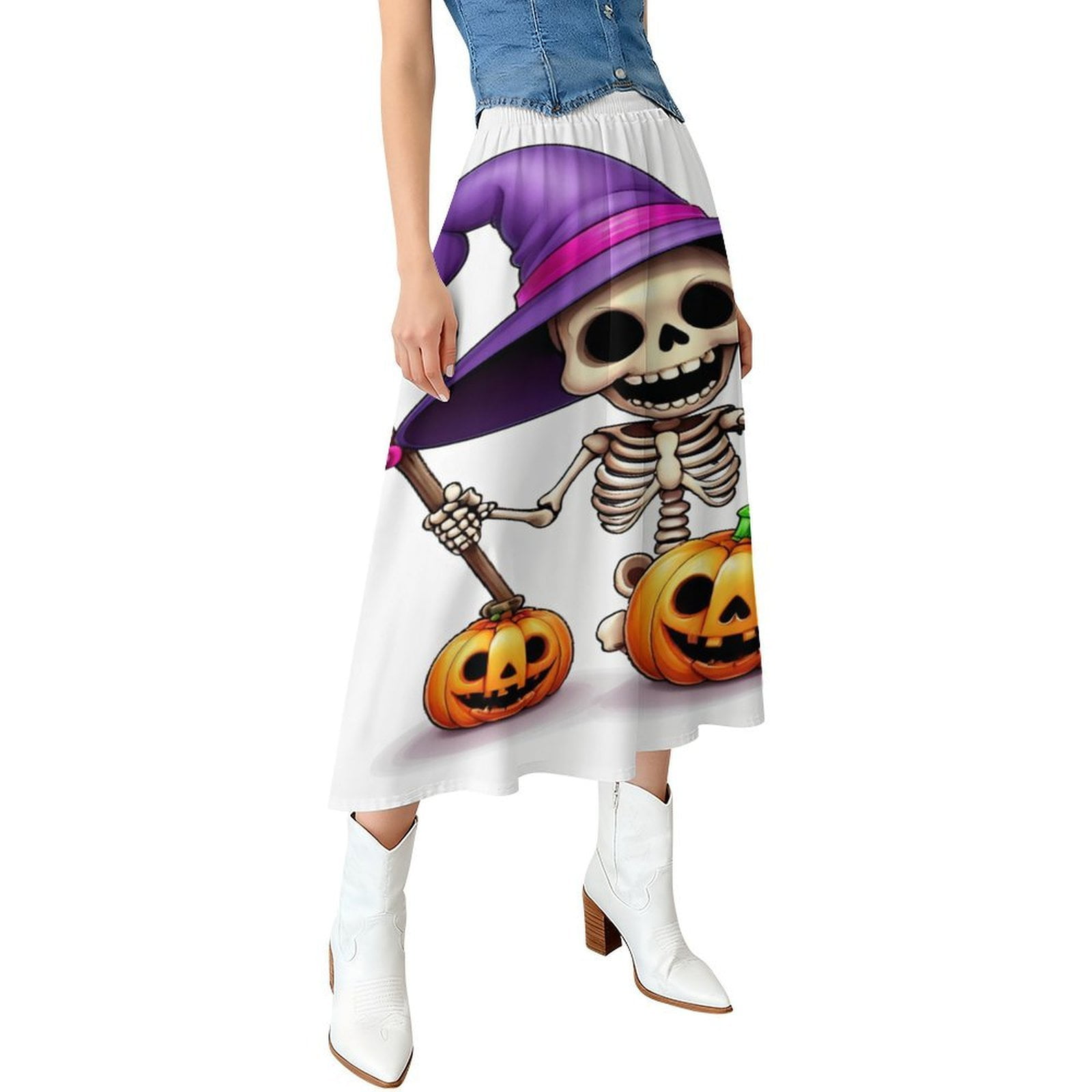 Cartoon Halloween Skeleton with Pumpkin, Bat Women High Waist Midi ...
