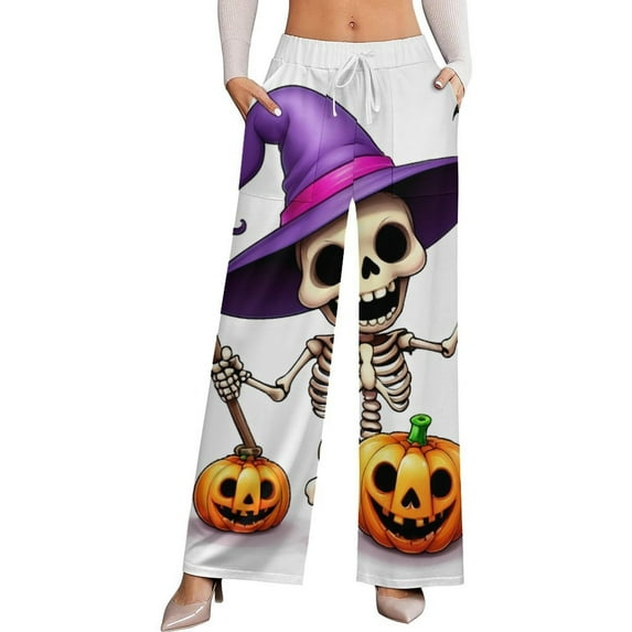 Cartoon Halloween Skeleton with Pumpkin, Bat Women's Casual Wide Leg ...