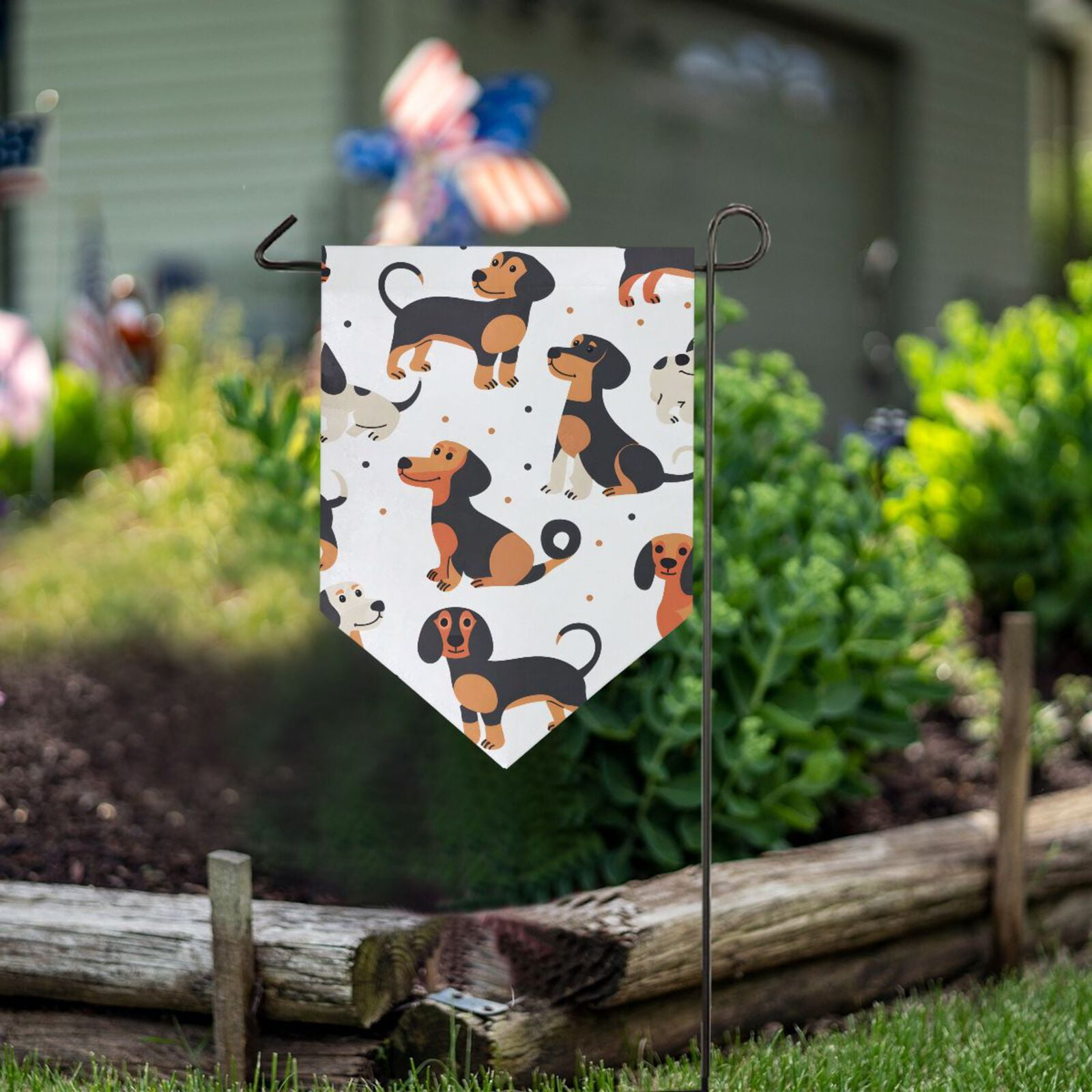 Cartoon Happy Dachshund Dogs Garden Flag 18" x 12.5" Double Sided Yard ...