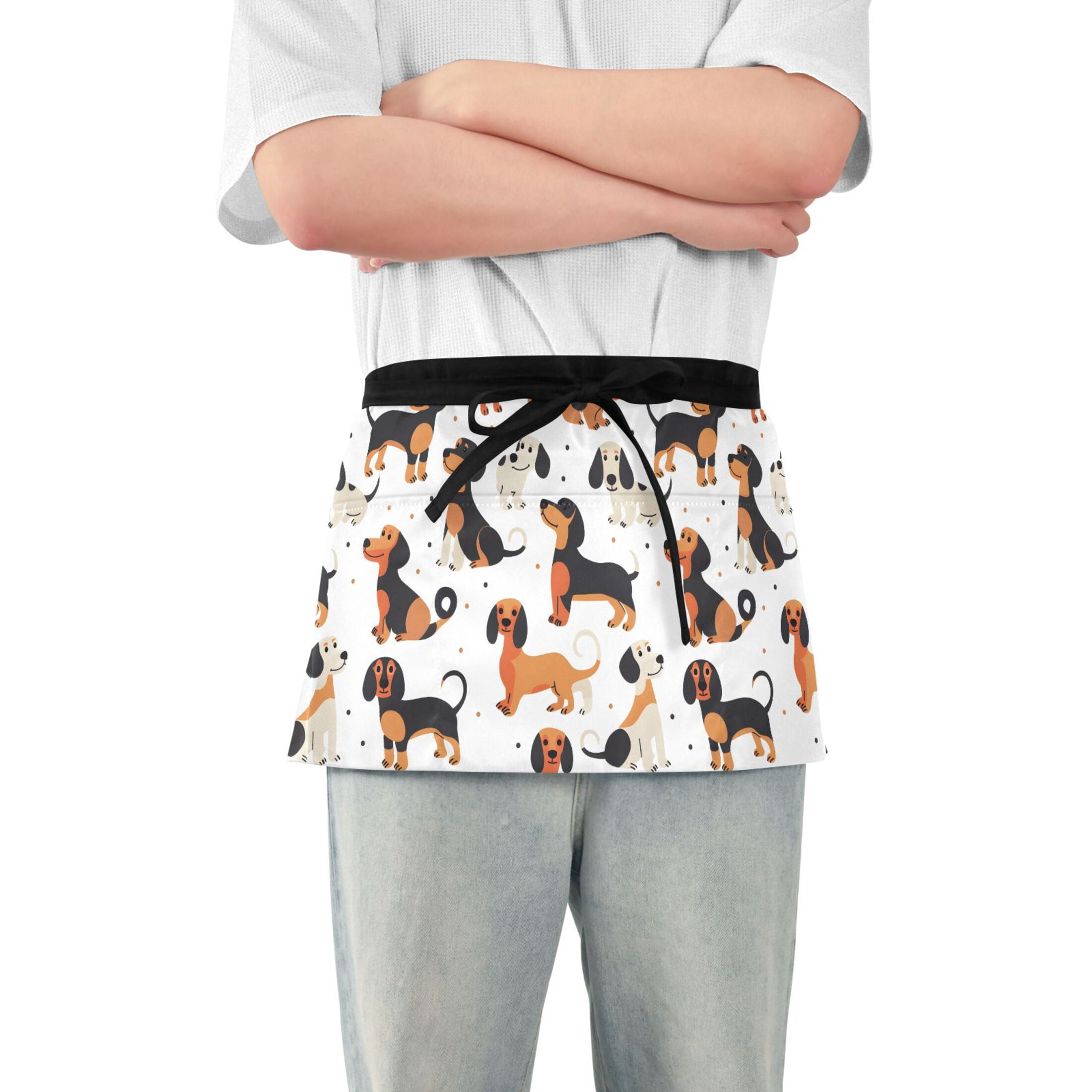 Cartoon Happy Dachshund Server Apron with 3 Pockets Waterproof Waitress ...
