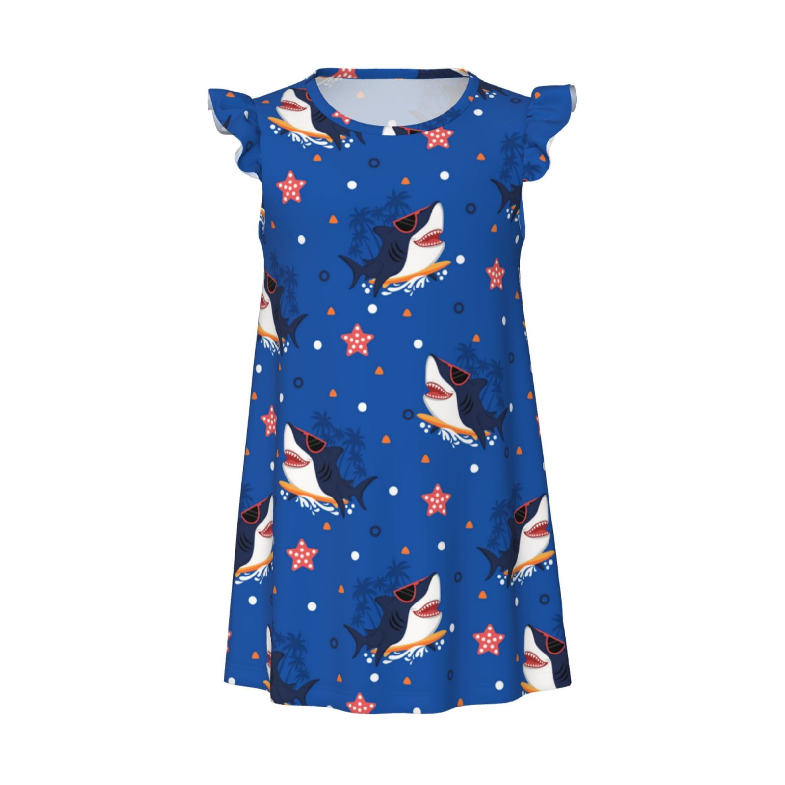 Cartoon Happy Glasses Cute Shark Girls Nightgowns, Flutter Sleeve ...