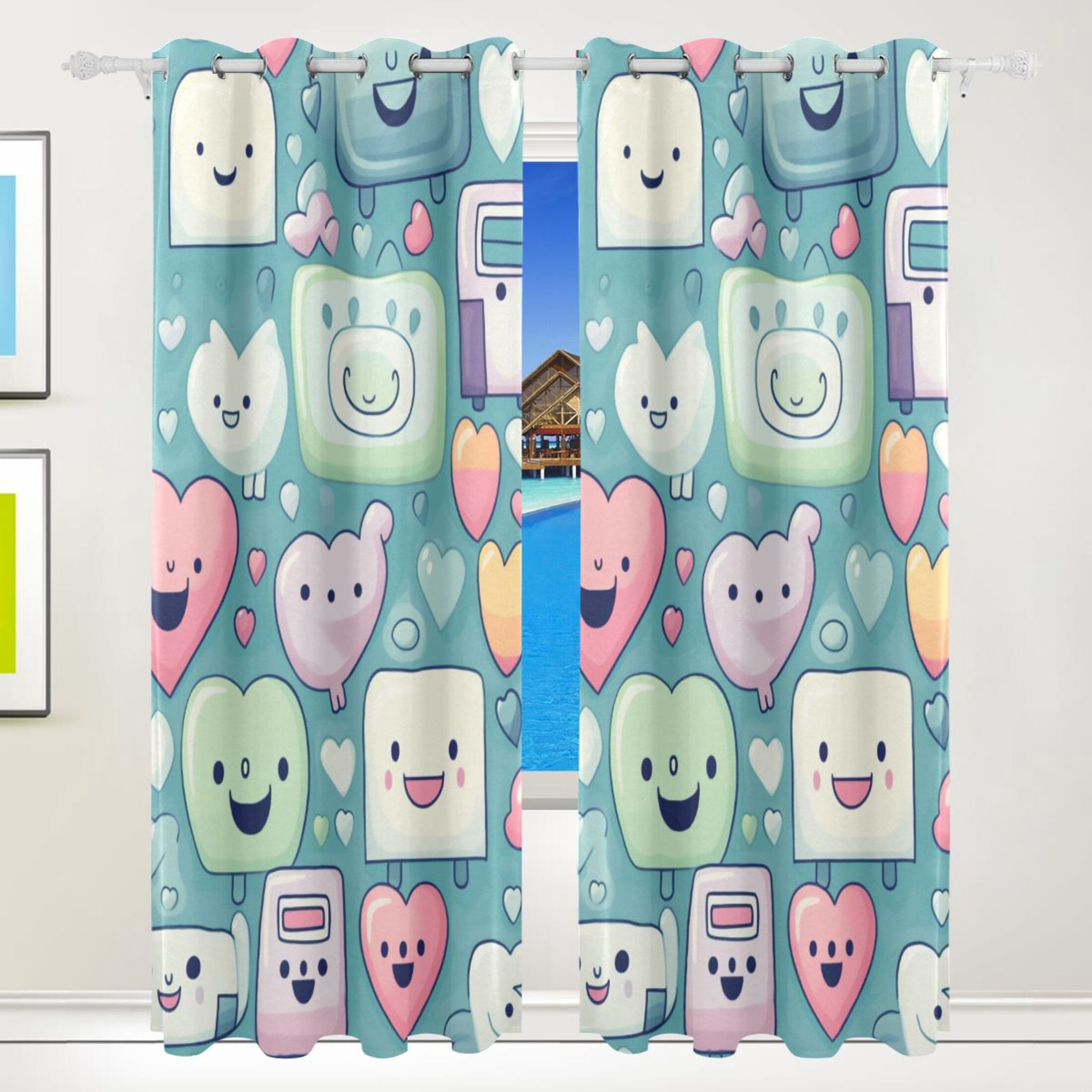 Cartoon Happy Heart and Square Blackout Curtains 72 inch Length 2 ...