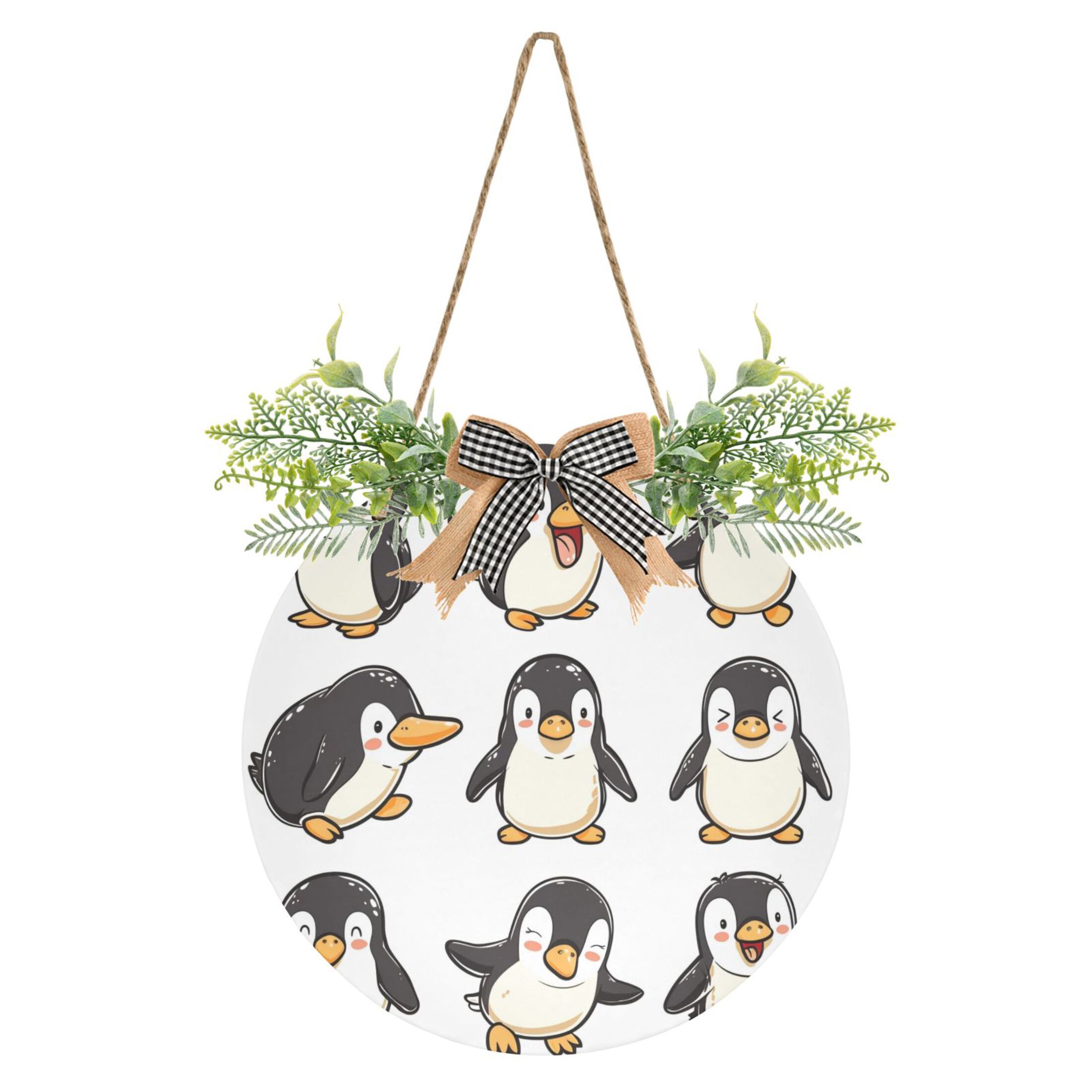 Cartoon Happy Penguins Welcome Front Door Sign Round 12 inch Porch ...