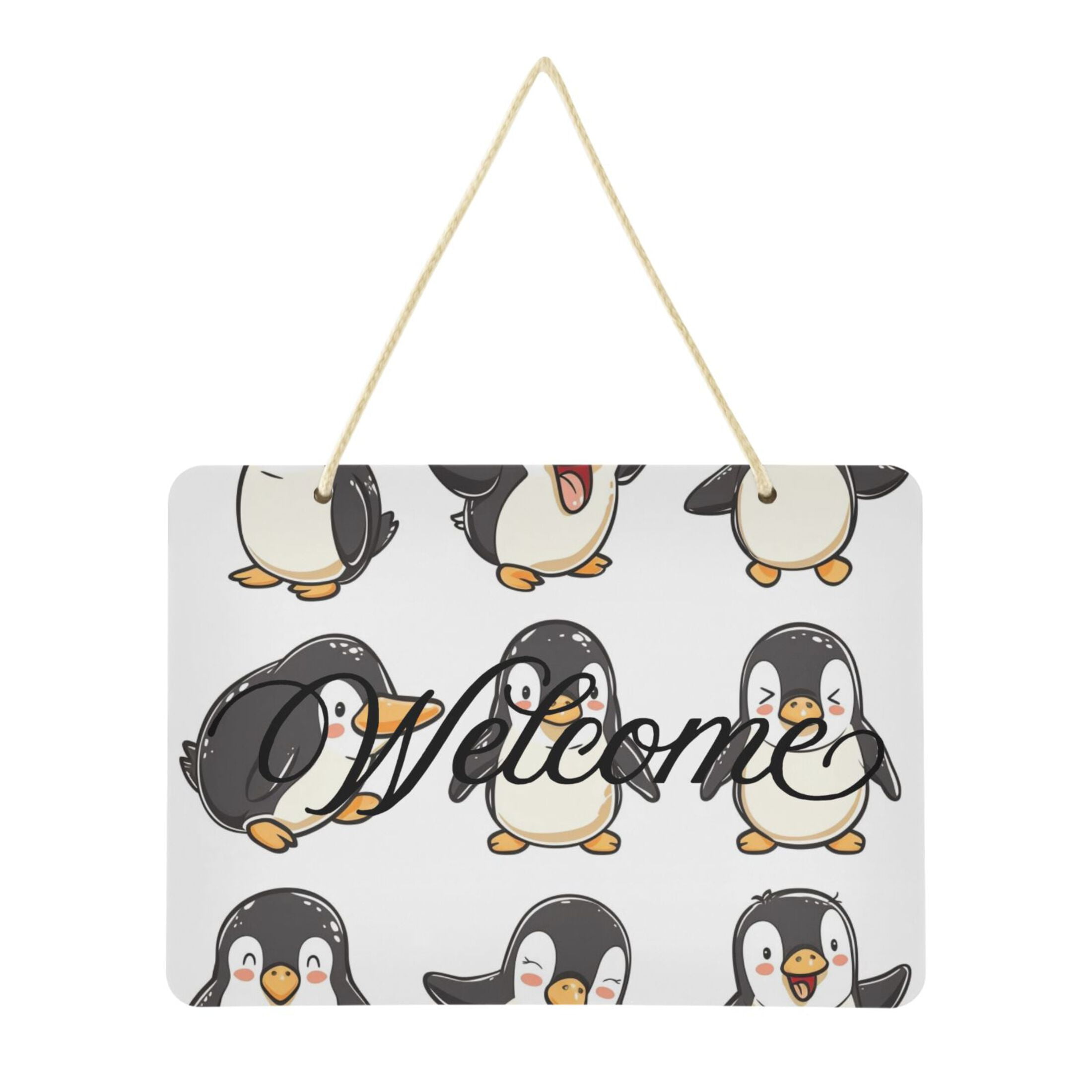 Cartoon Happy Penguins Welcome Sign Front Door PVC 14x10 inch Hanger ...