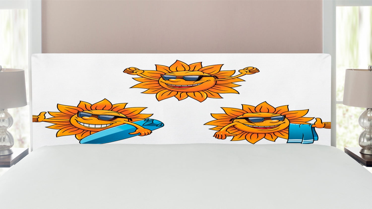 Cartoon Headboard, Surf Sun Characters Wearing Shades and Surfboards ...