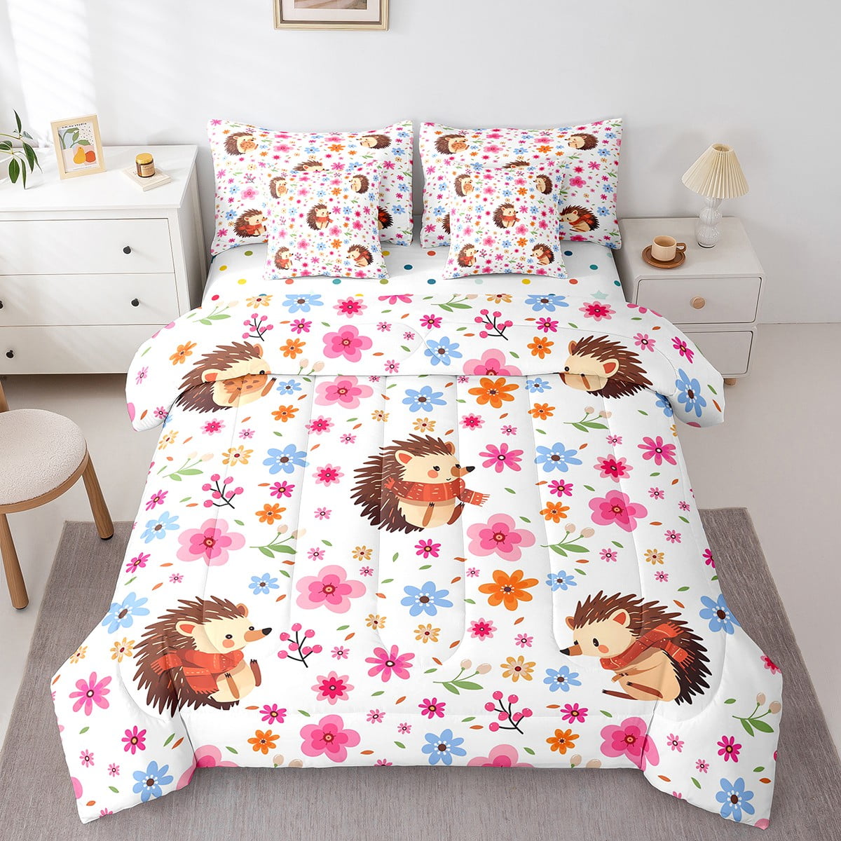 Cartoon Hedgehog Bed in a Bag 7-Piece Chic Floral Full Comforter Set ...