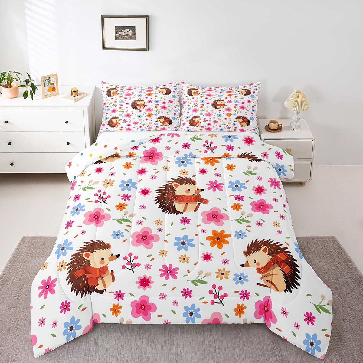 Cartoon Hedgehog Toddler Comforter Set Chic Floral Bedding Set for ...