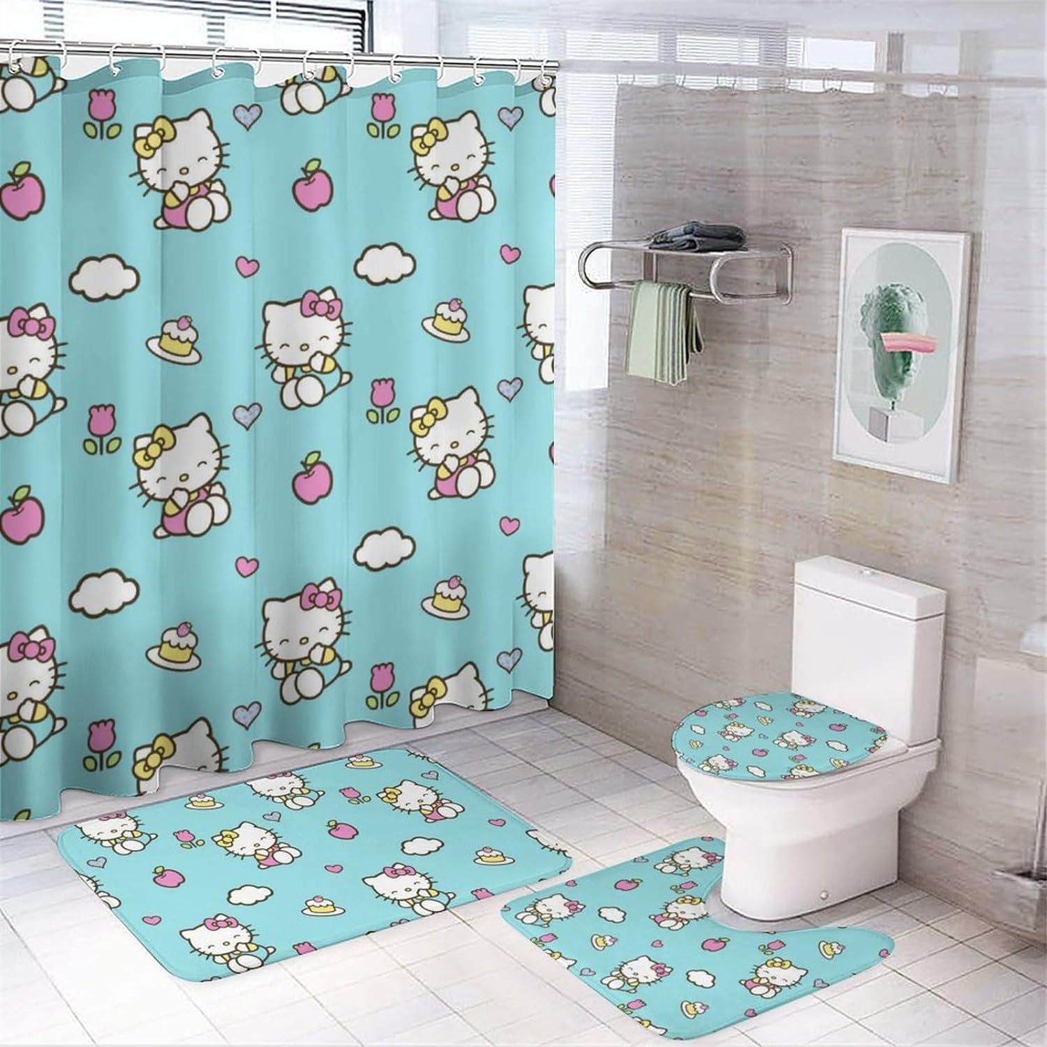 Cartoon Hello Cat -kitt-y Waterproof Shower Curtain Set Kawaii Anime ...