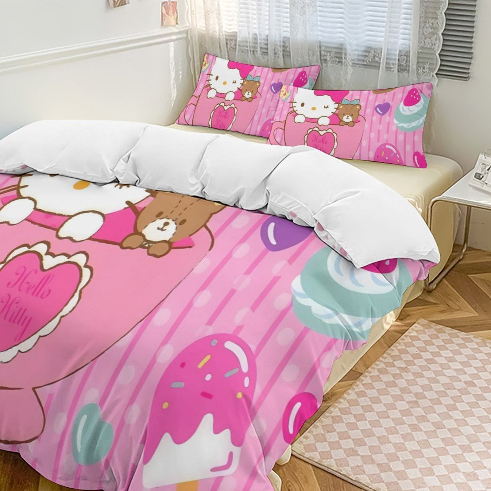 Cartoon Hello Kawaii Cat Bedding Set 3 Piece, 1 Printing Duvet Cover ...
