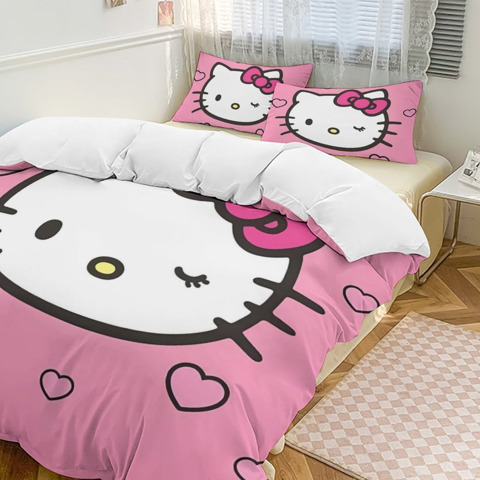 Cartoon Hello Kawaii Cat Bedding Set 3 Piece, 1 Printing Duvet Cover ...