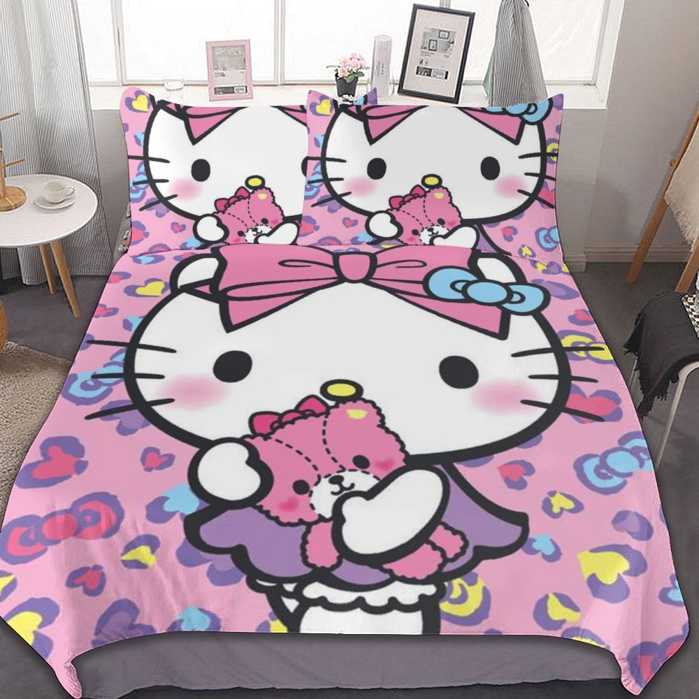 Cartoon Hello Kitty 3-Piece Bed Set Warm and Comfortable Kawaii Bedding ...