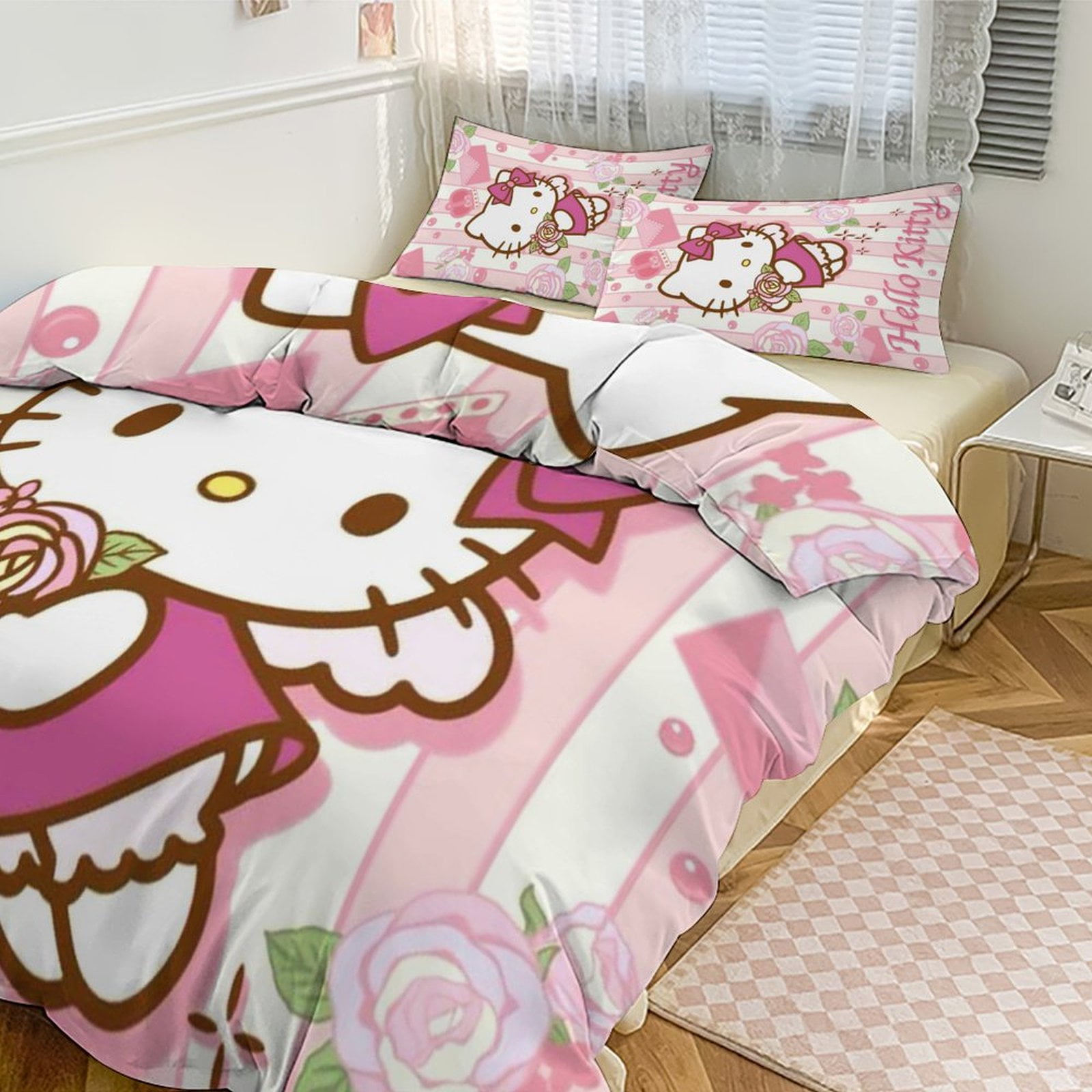 Cartoon Hello Kitty Bedding Sets Bed Duvet Cover Lightweight 3 Piece ...