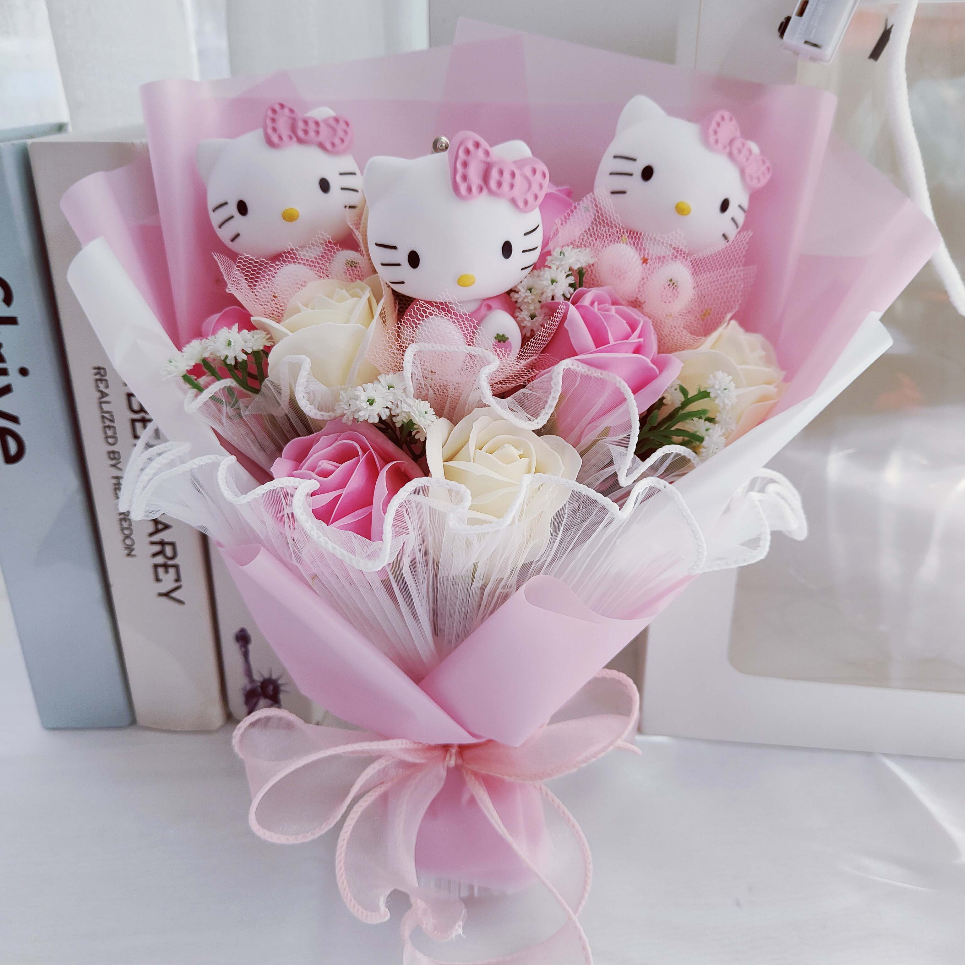 Cartoon Hello Kitty Cat Plush Dolls Rose Soap Flowers Bouquet Christmas ...