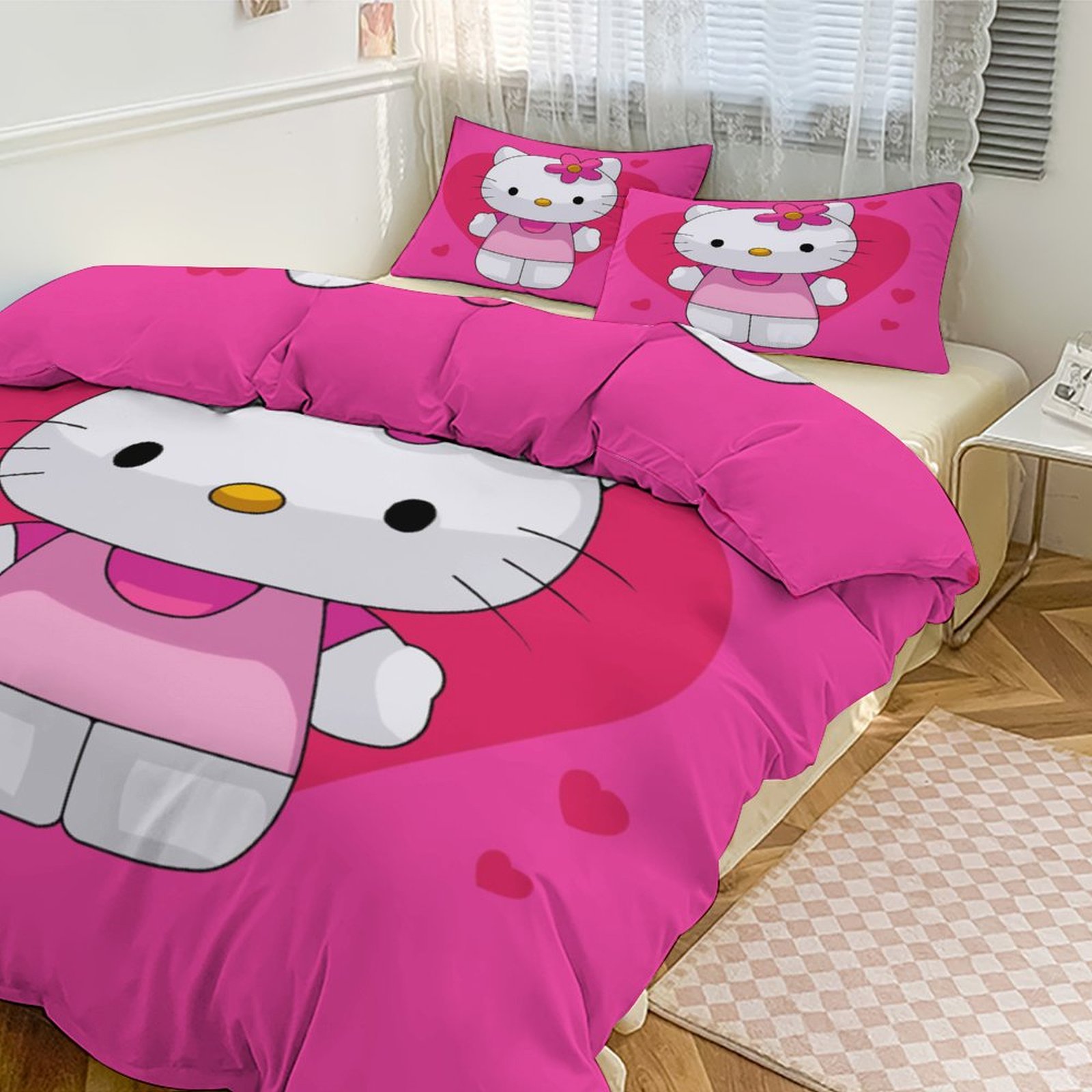 Cartoon Hello Kitty Comforter Cat 3-Piece Bed Sheets Warm Kawaii ...