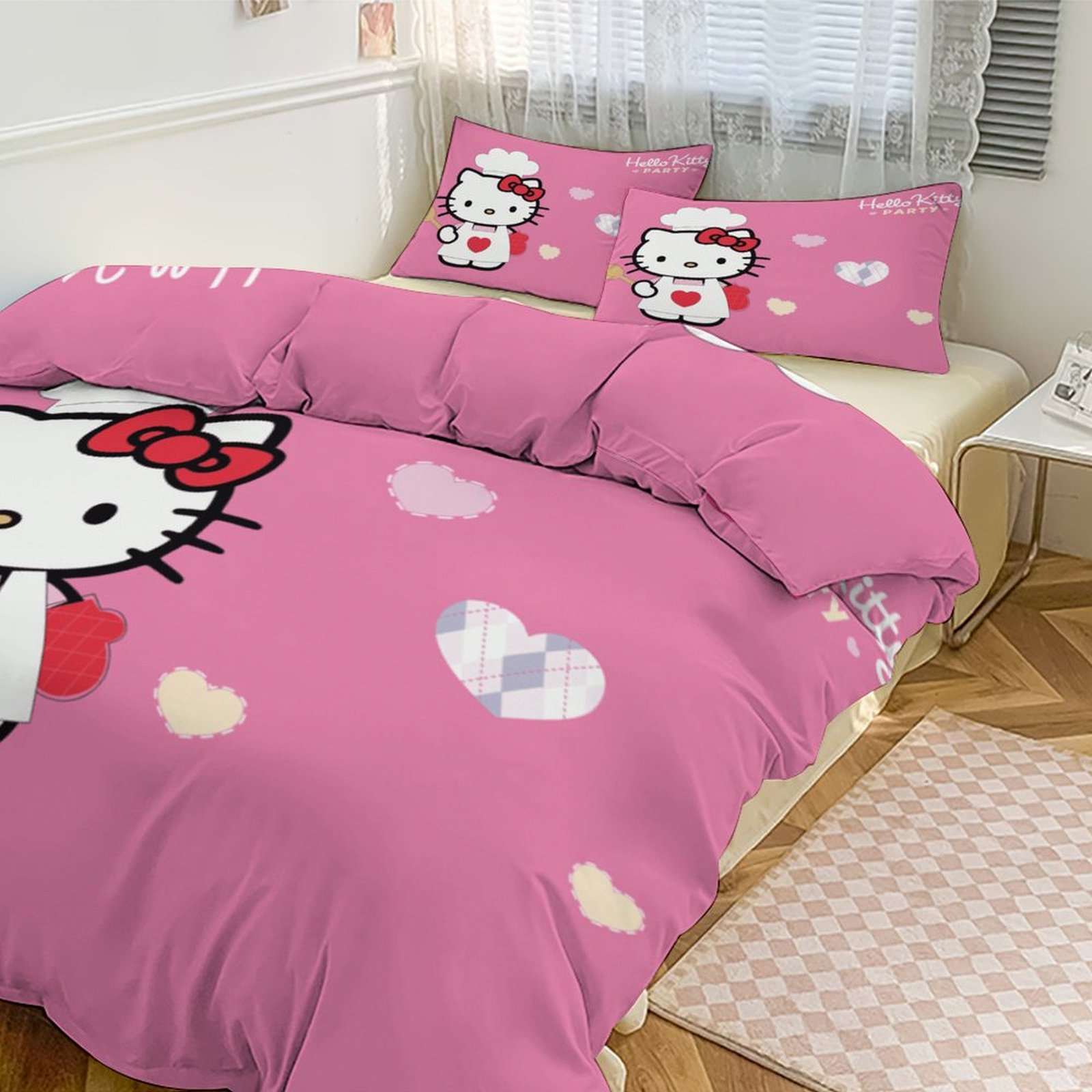 Cartoon Hello Kitty Comforter Chef's Heart 3-Piece Bed Sheets Warm ...