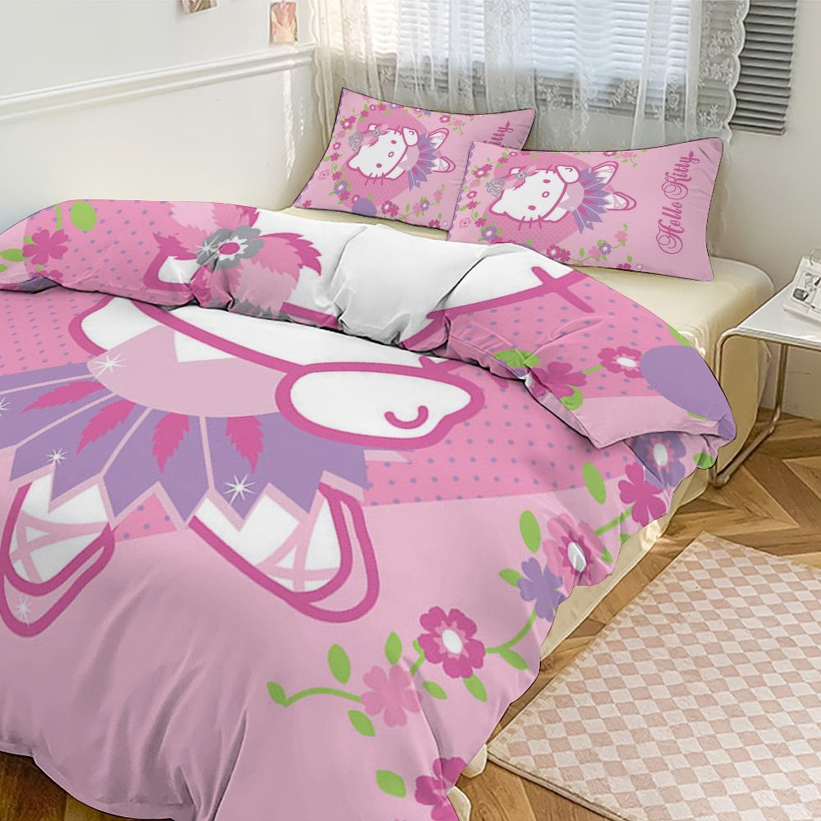 Cartoon Hello Kitty Comforter Dancing Heart Flower 3-Piece Bed Sheets ...