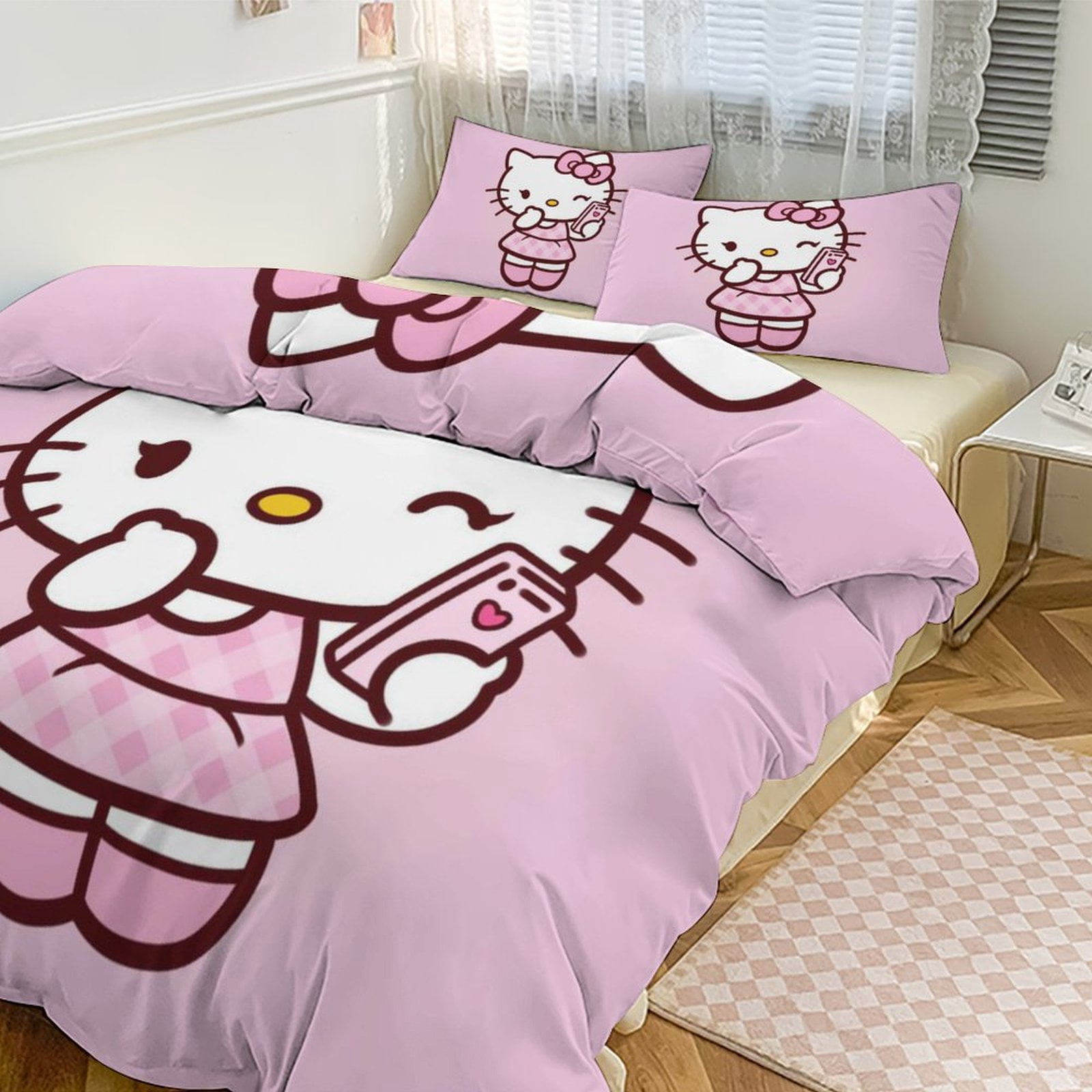 Cartoon Hello Kitty Comforter Telephone 3-Piece Bed Sheets Warm Kawaii ...