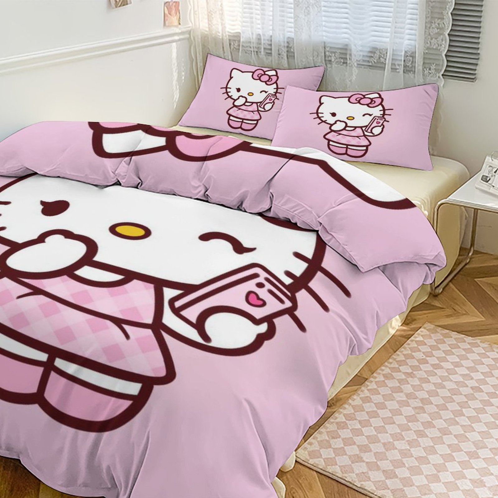 Cartoon Hello Kitty Comforter Telephone 3-Piece Bed Sheets Warm Kawaii ...