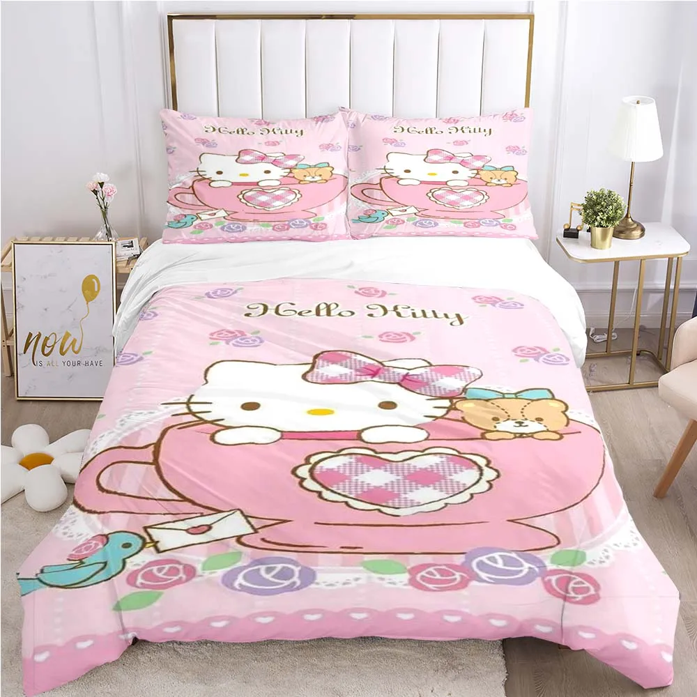 Cartoon Hello Kitty Pattern Quilt Cover Pillowcase Three Piece Multi ...