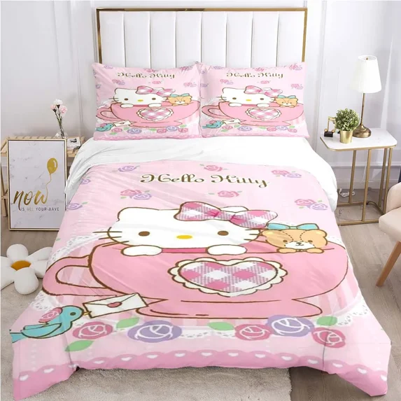 Cartoon Hello Kitty Pattern Quilt Cover Pillowcase Three Piece Multi ...