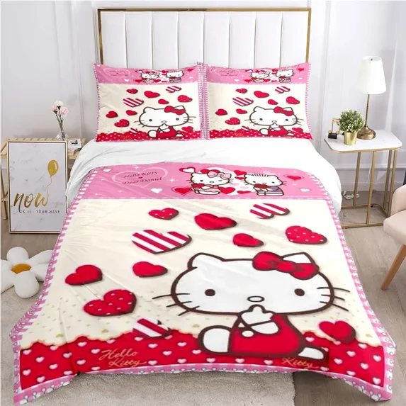 Cartoon Hello Kitty Pattern Quilt Cover Pillowcase Three Piece Multi ...