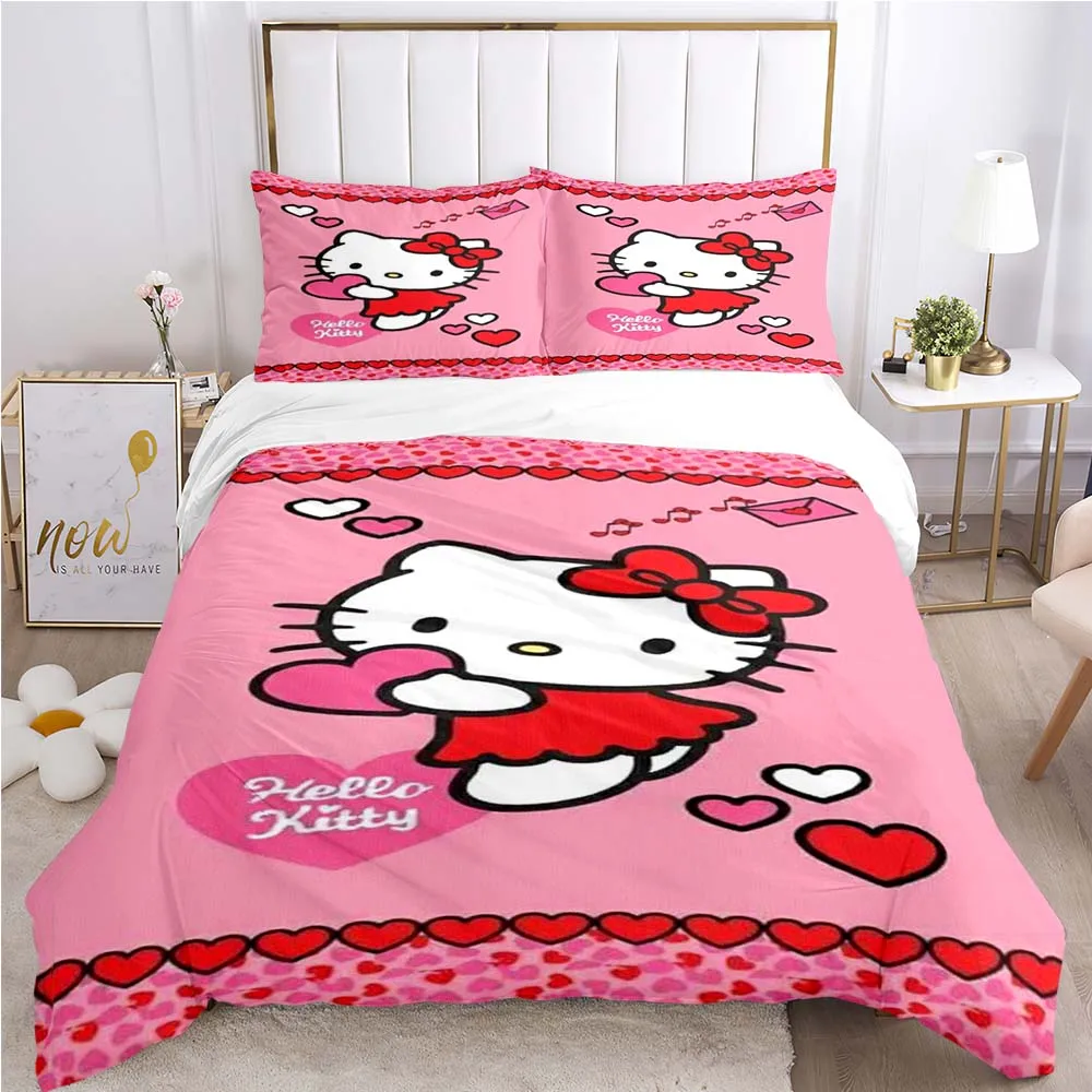 Cartoon Hello Kitty Pattern Quilt Cover Pillowcase Three Piece Multi ...