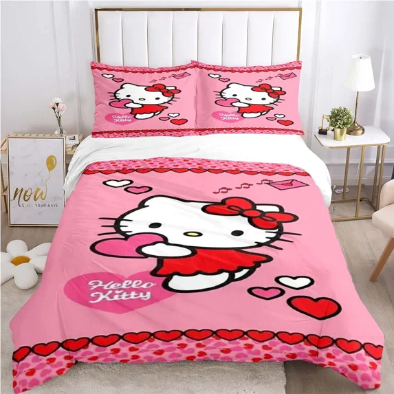 Cartoon Hello Kitty Pattern Quilt Cover Pillowcase Three Piece Multi ...