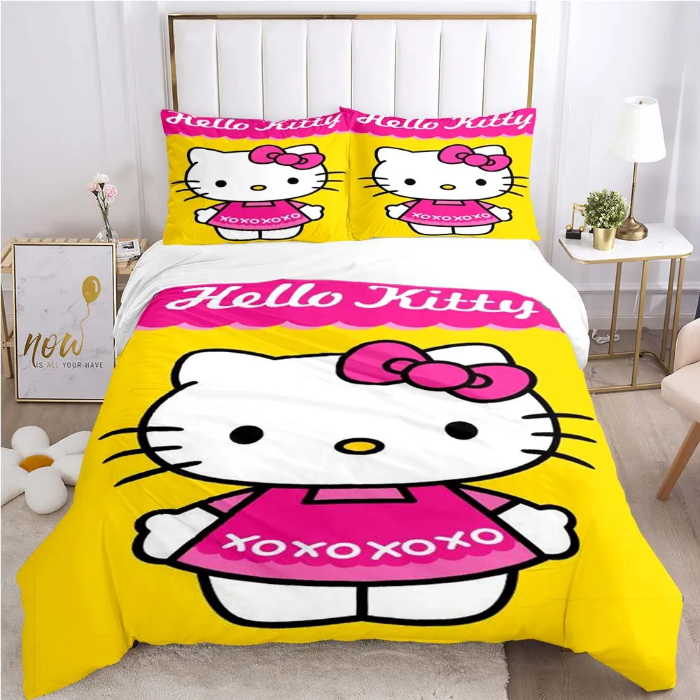 Cartoon Hello Kitty Pattern Quilt Cover Pillowcase Three Piece Multi ...