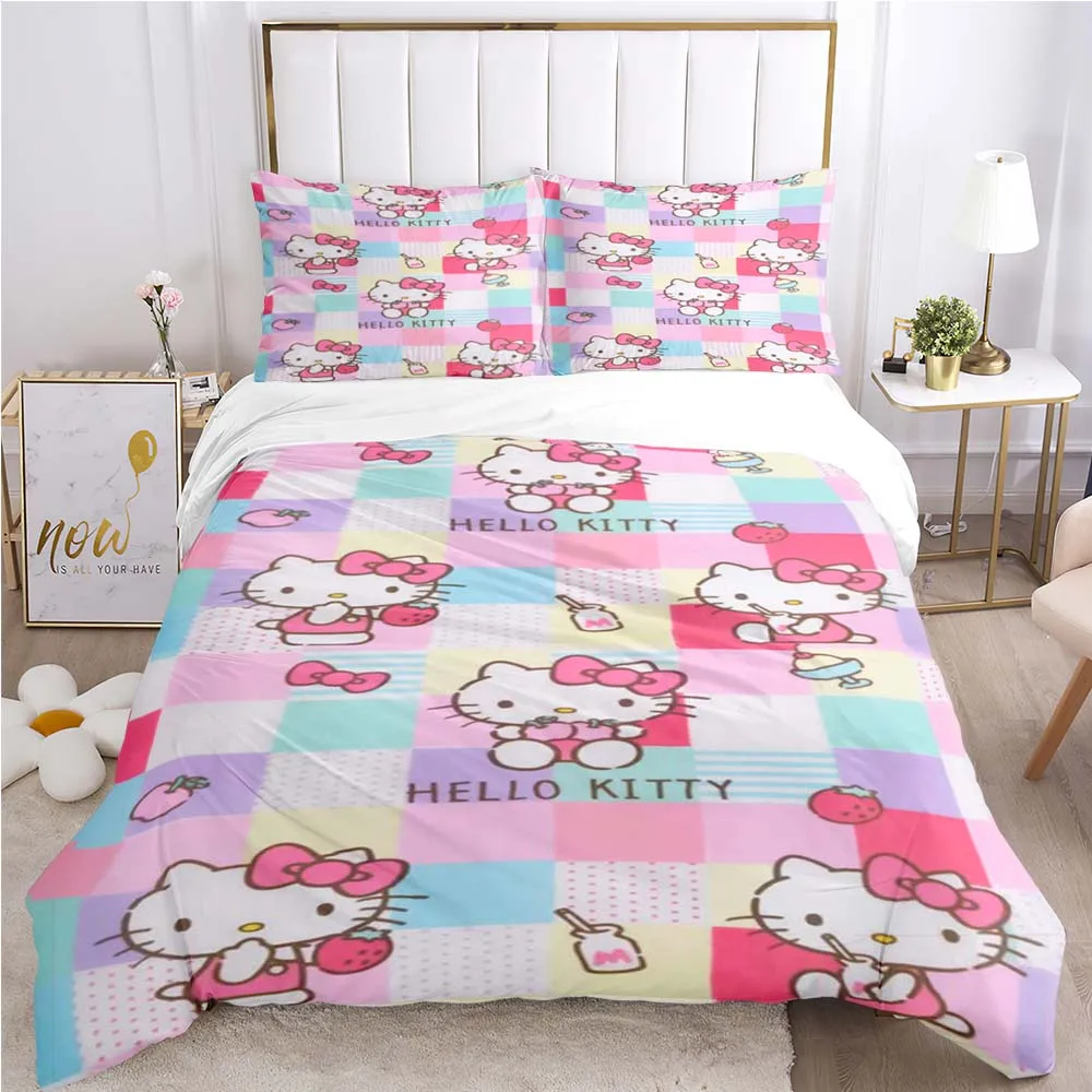 Cartoon Hello Kitty Pattern Quilt Cover Pillowcase Three Piece Multi ...