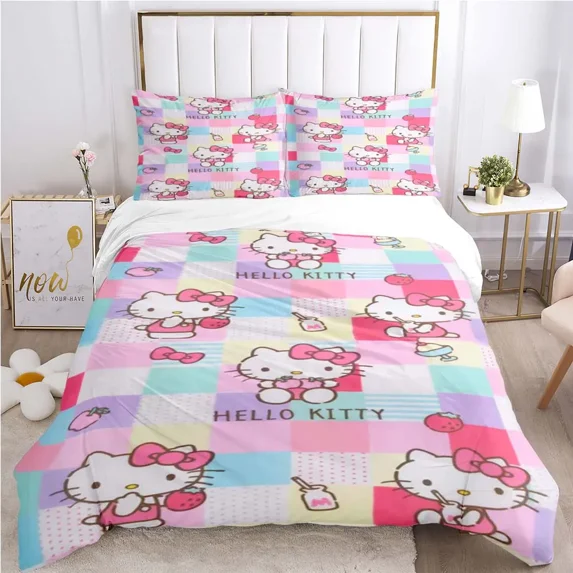 Cartoon Hello Kitty Pattern Quilt Cover Pillowcase Three Piece Multi ...