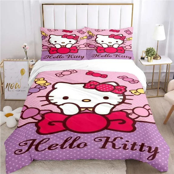 Cartoon Hello Kitty Pattern Quilt Cover Pillowcase Three Piece Multi ...