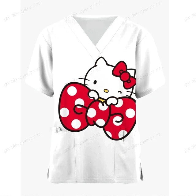 Cartoon Hello Kitty Print Nursing Scrubs Women Tops Short Sleeve V-neck ...