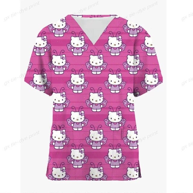 Cartoon Hello Kitty Print Nursing Scrubs Women Tops Short Sleeve V-neck ...